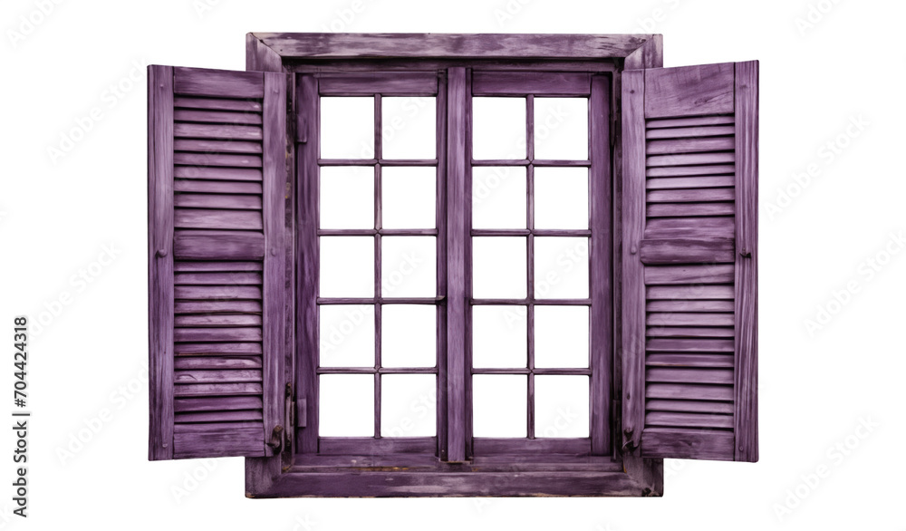 wooden window with purple shutters. Aged wooden window with open ...