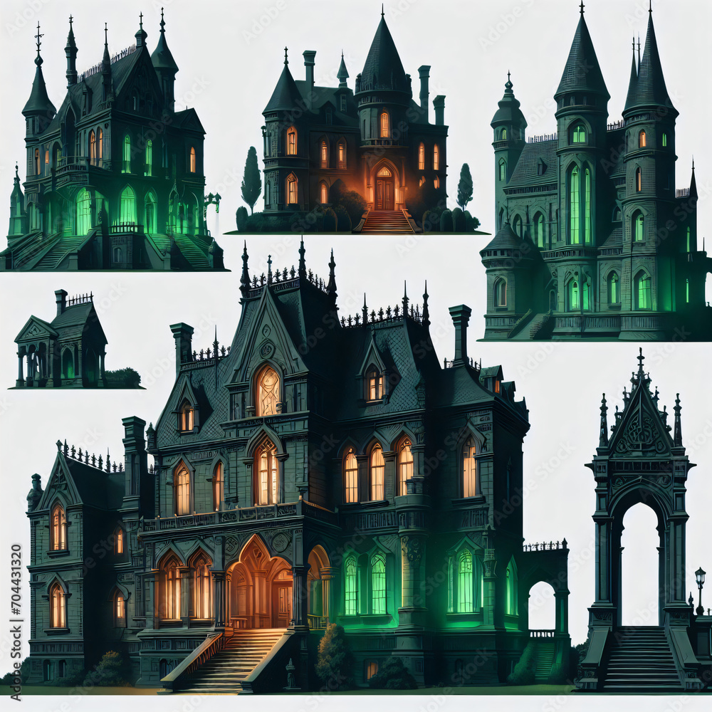 dark gothic mansion with green lights. The image shows different angles ...