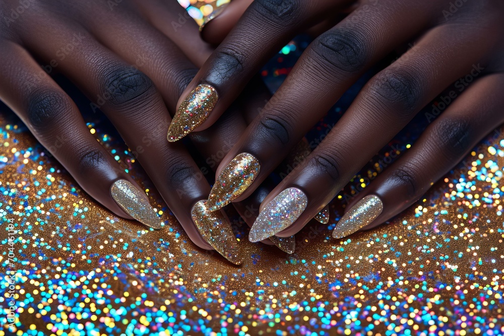 Black woman hands with perfect manicure, festive bedazzled nails, gold ...