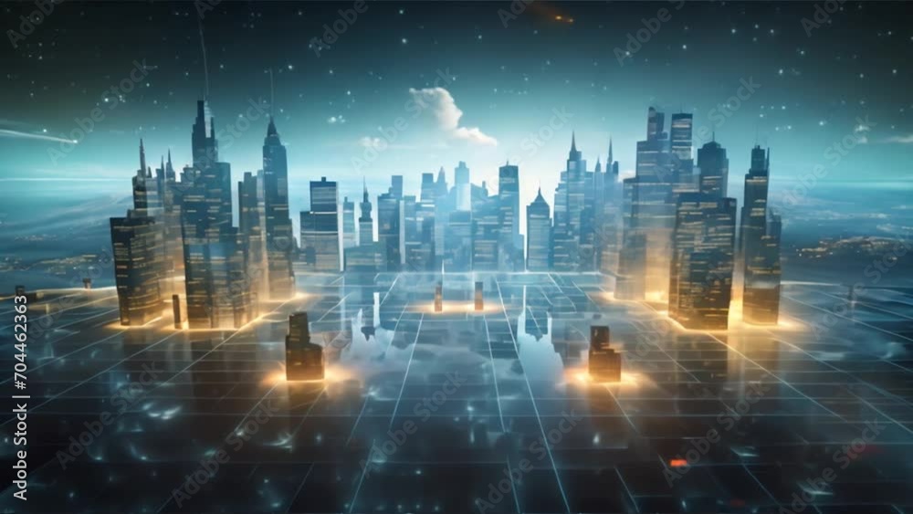 Virtual design of a futuristic city with holograms, on a reflective ...