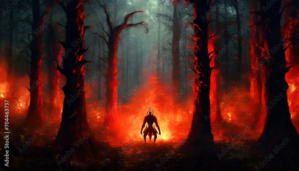 demonic creatures in a dark evil dark forest covered with dark trees ...