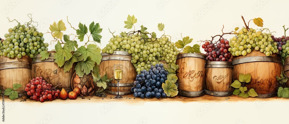 Wine barrels in a row are covered with grapes, seamless border pattern ...