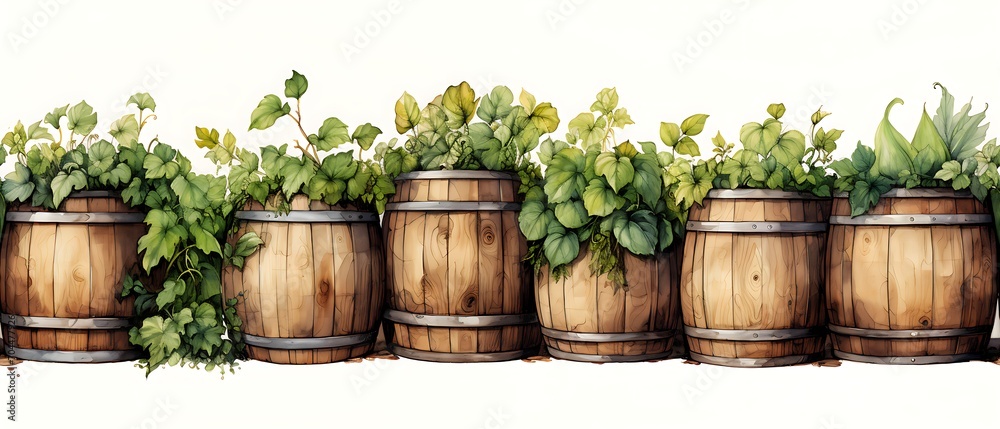 Wine barrels stand in a row and are planted with green plants, seamless ...
