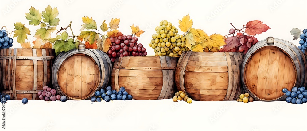 Wine barrels in a row are covered with grapes, seamless border pattern ...