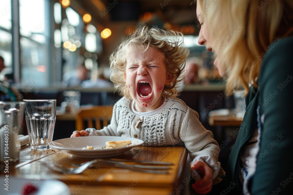 Toddler having a temper tantrum in a restaurant or cafe. Sad child ...
