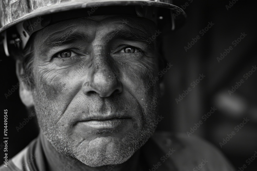 A rugged man in a monochrome portrait, his wrinkled face peeking out ...