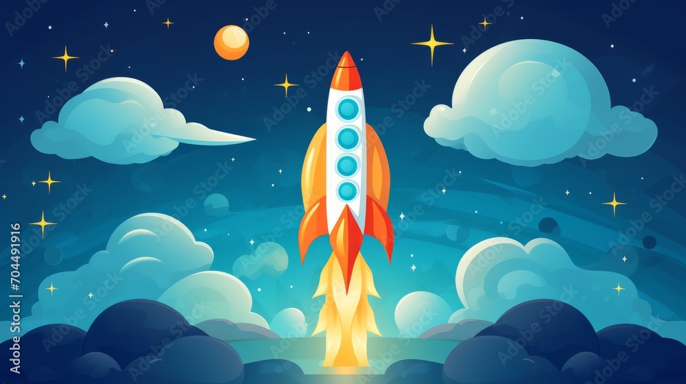 Cartoon Rocket Launching into the Night Sky Stock Illustration | Adobe ...