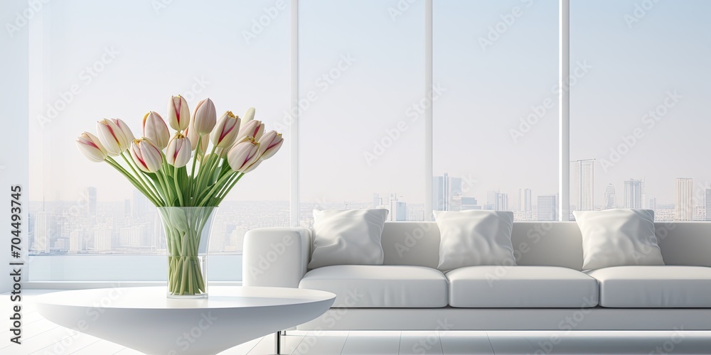Modern and elegant living room with a white interior design, featuring ...