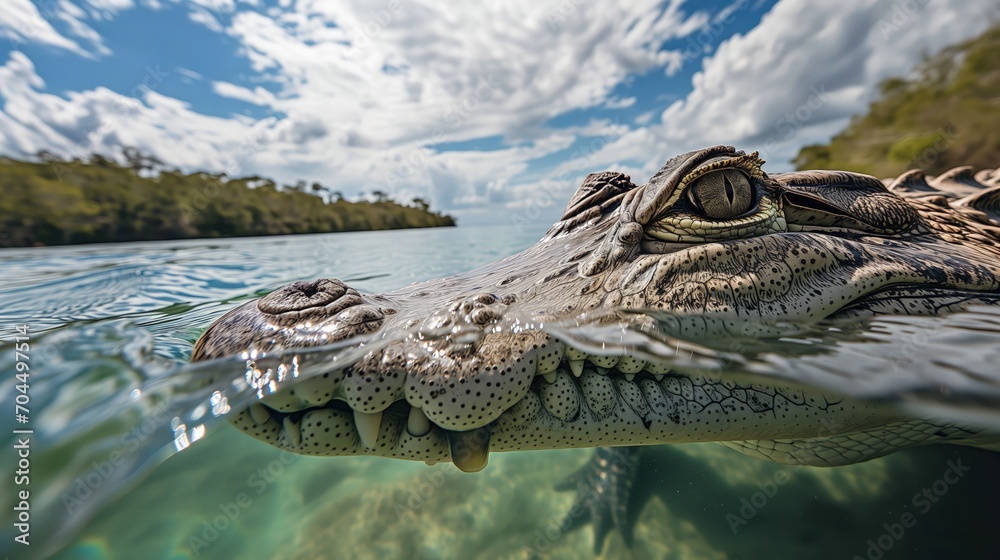 This captivating image showcases a close-up view of an alligators face ...