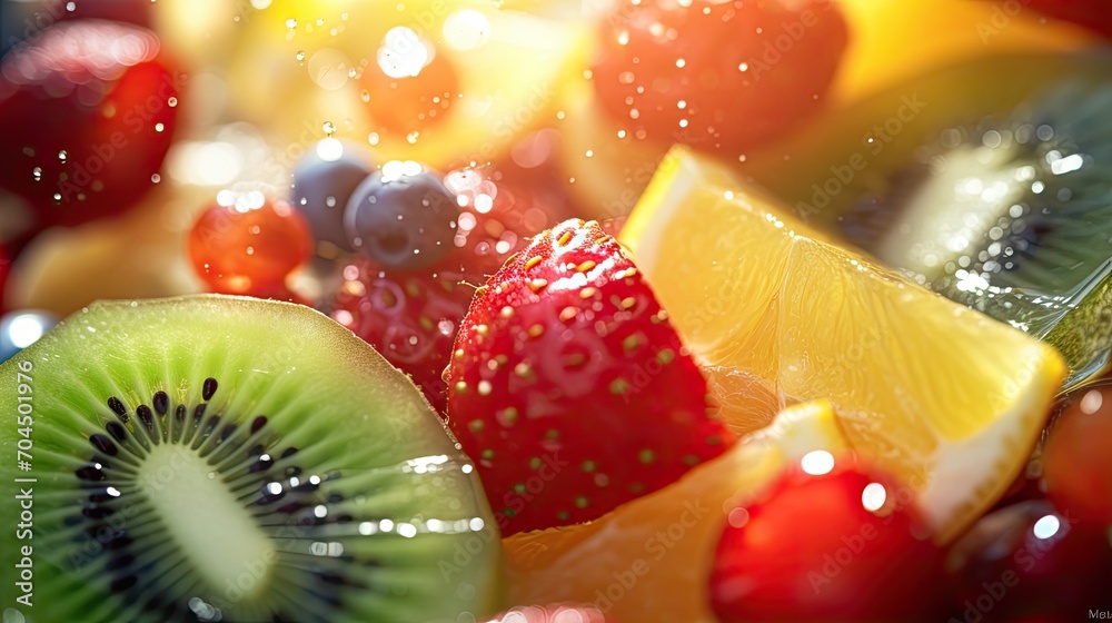 Hyper realistic juicy fruit salad, extreme close up, juicy pulp, light ...