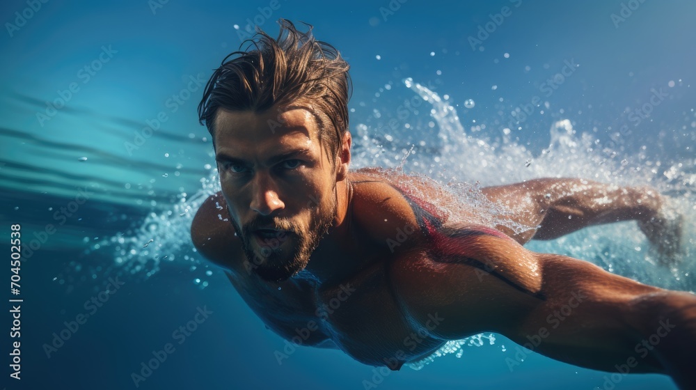 Professional swimmer in open water, sideview, male swimming freestyle ...