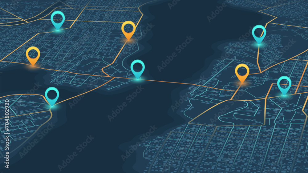 Isometric generic city map with signs. Point of intended goal, many ...