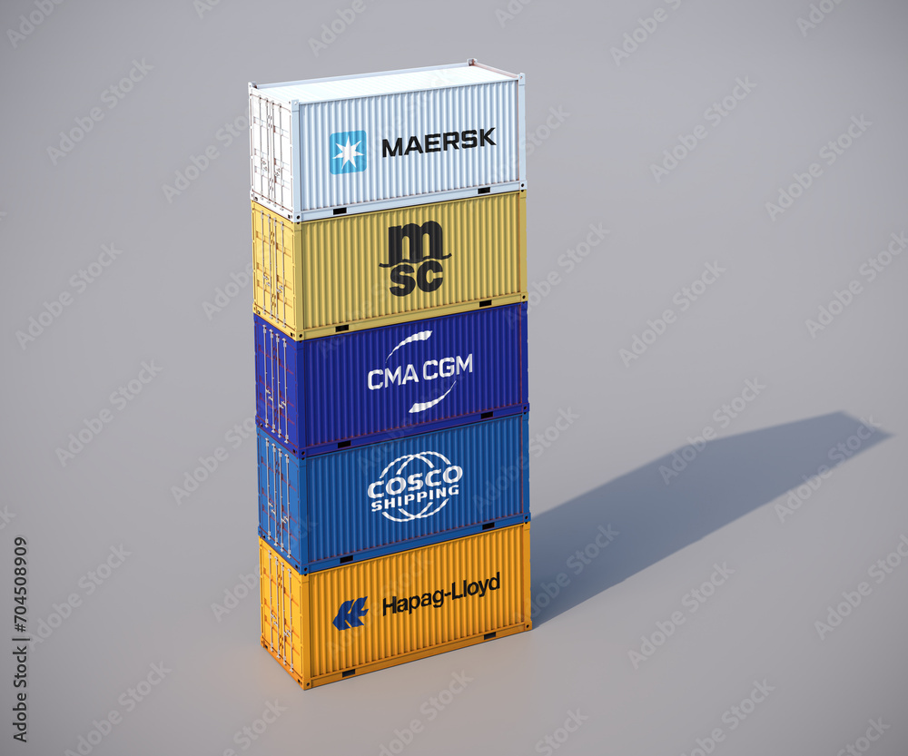 Stacked Containers of the five largest container shipping companies: A.P. Moeller-Maersk ...