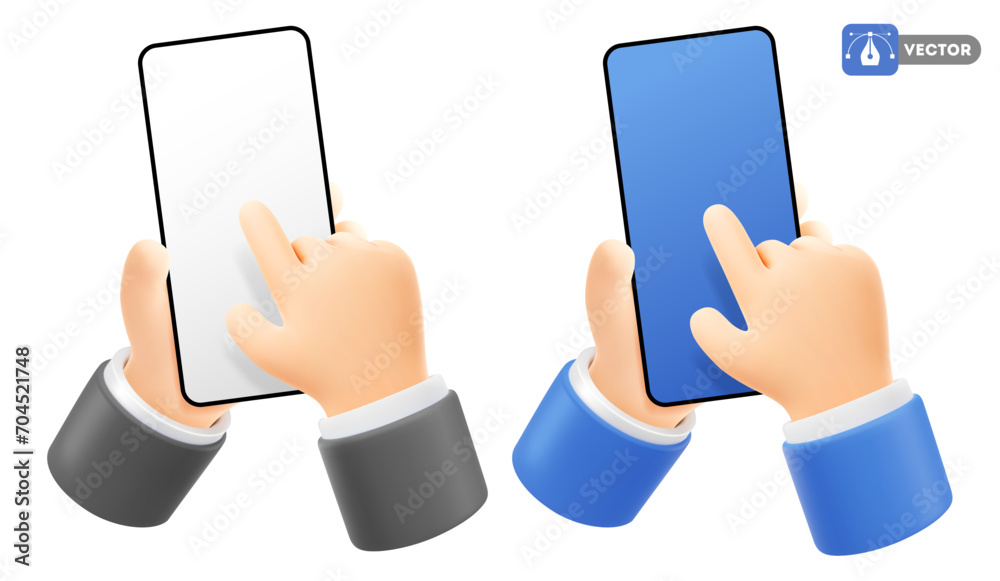Cute 3d cartoon realistic hands holding smartphone and touching screen with forefinger. Isolated ...