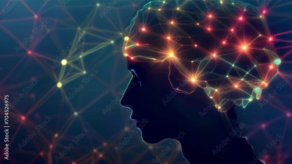 A digital image depicting a human head in profile and a network ...