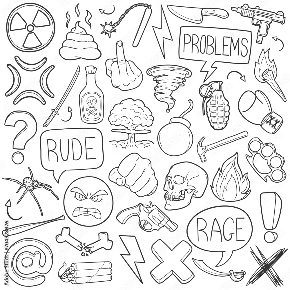 Rude Doodle Icons Black and White Line Art. Angry Clipart Hand Drawn ...