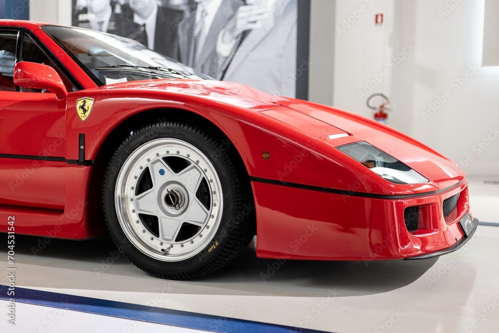 Frontal part of Ferrari F40 supercar in Enzo Ferrari Museum in Modena ...