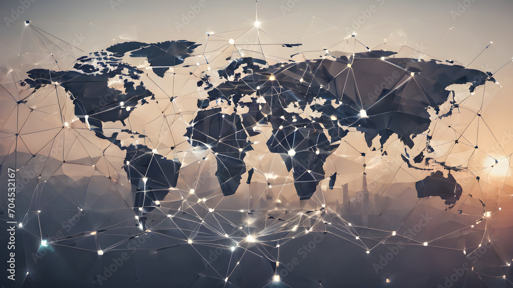 Polygonal mesh network map of world of lines and points, dots and ...