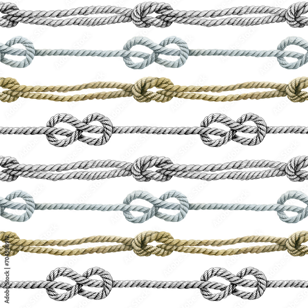 Seamless pattern of rope cords with knots eight knots. Hand drawn ...