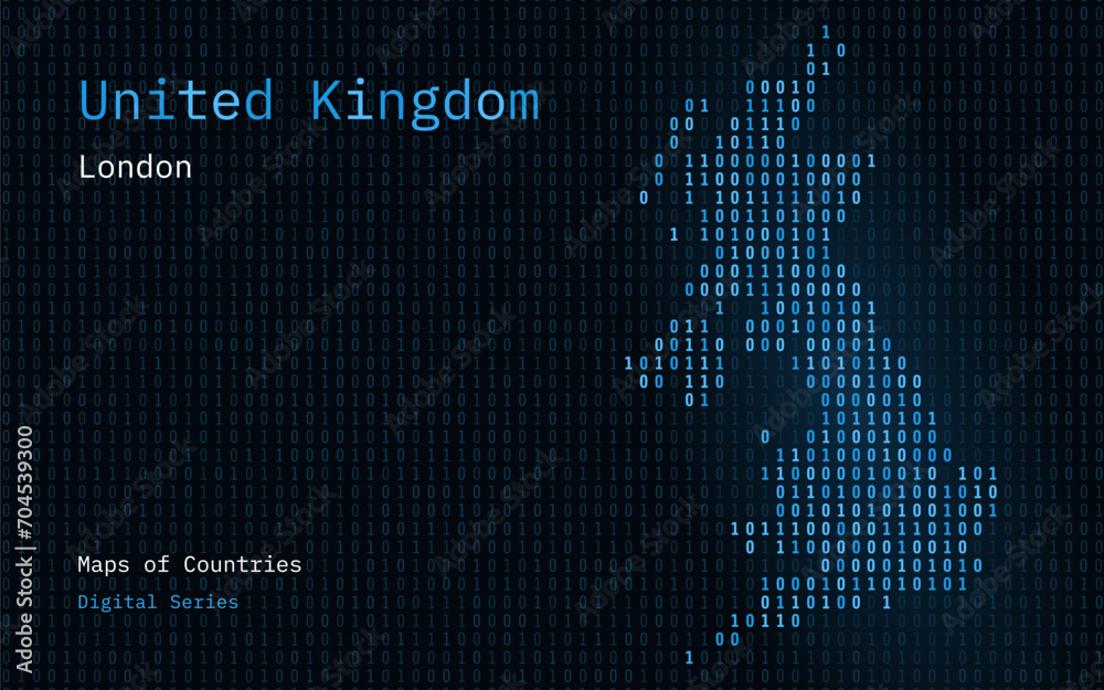 United Kindgom, Great Britain Blue Map Shown in Binary Code Pattern ...