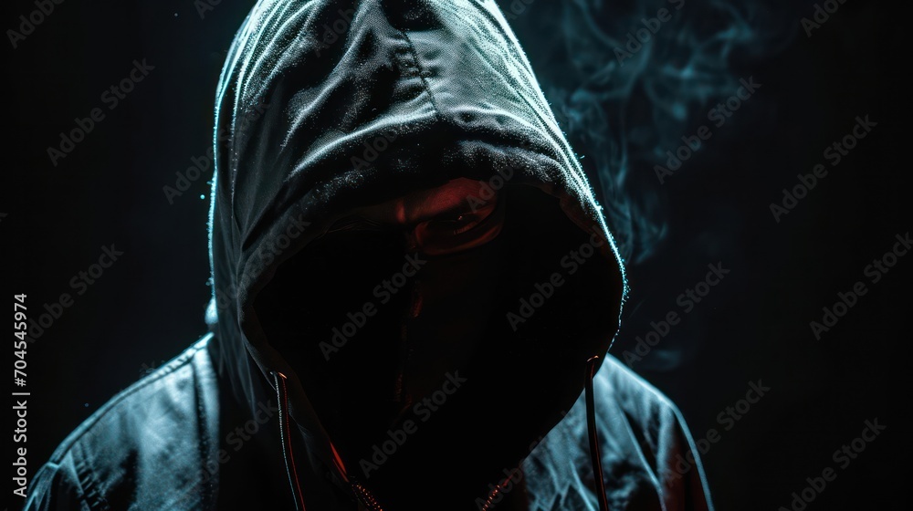 A hooded man with his face covered, set against a black background ...