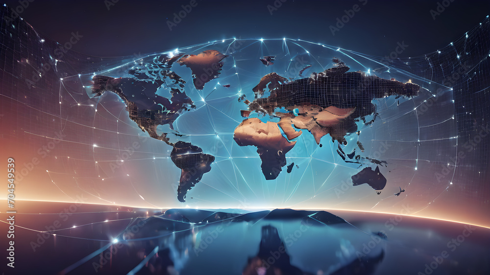Polygonal mesh network map of world of lines and points, dots and ...