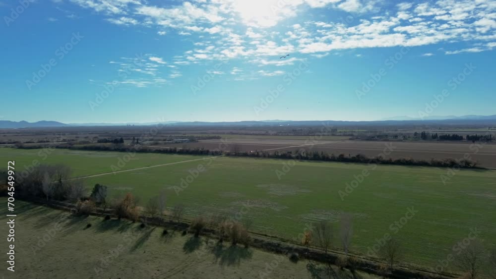 Toma con dron de campos verdes de césped y campos secos de conreo de ...