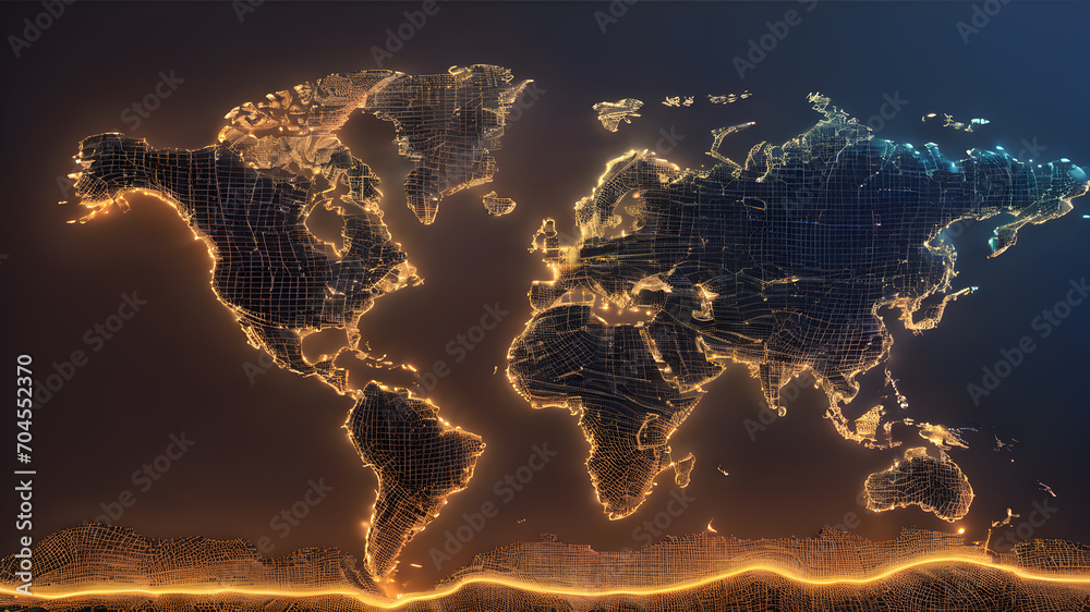 Polygonal mesh network map of world of lines and points, dots and ...