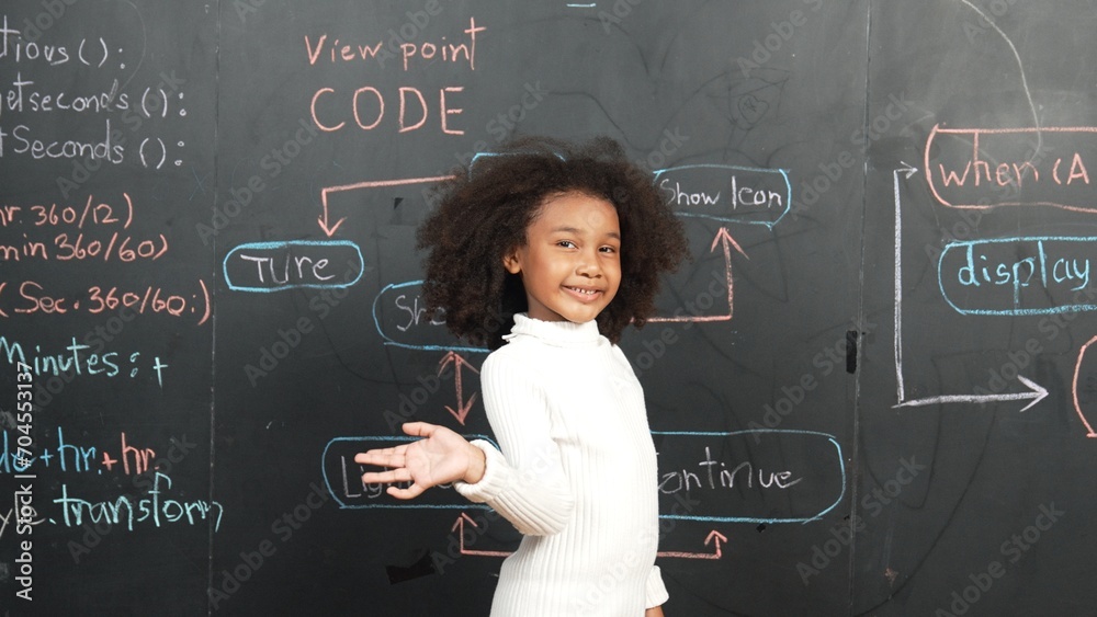 Happy african girl writing blackboard and turnaround to waving at ...