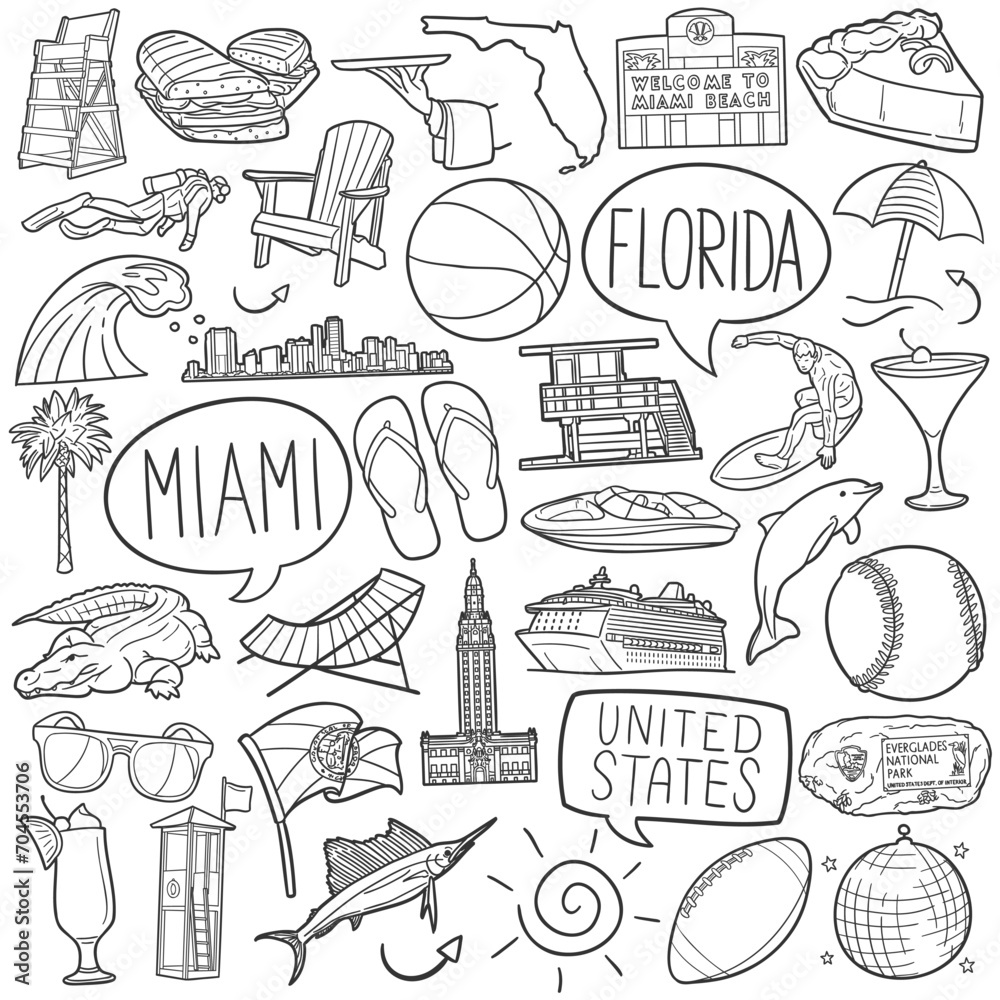 Miami Doodle Icons Black and White Line Art. Florida Clipart Hand Drawn ...