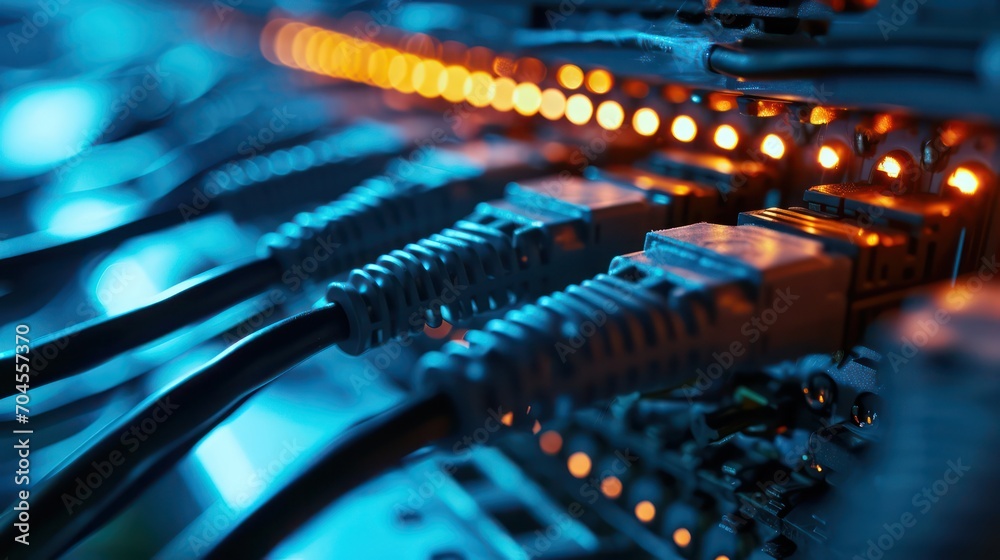 Data center setup: Network panel, switch, and cables with Augmented ...