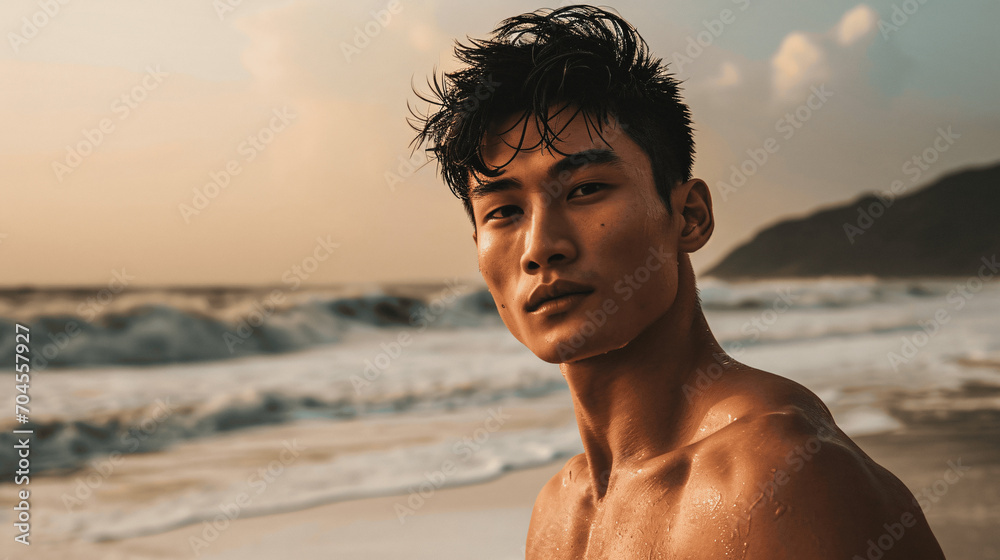 Handsome Asian Male Model Flaunting Muscles in Swimwear - Fitness and ...