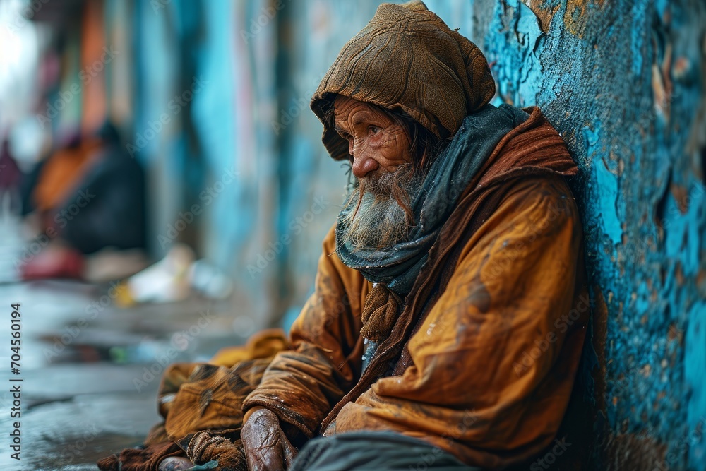 In the grip of poverty, a sad beggar sits alone, his eyes reflecting ...