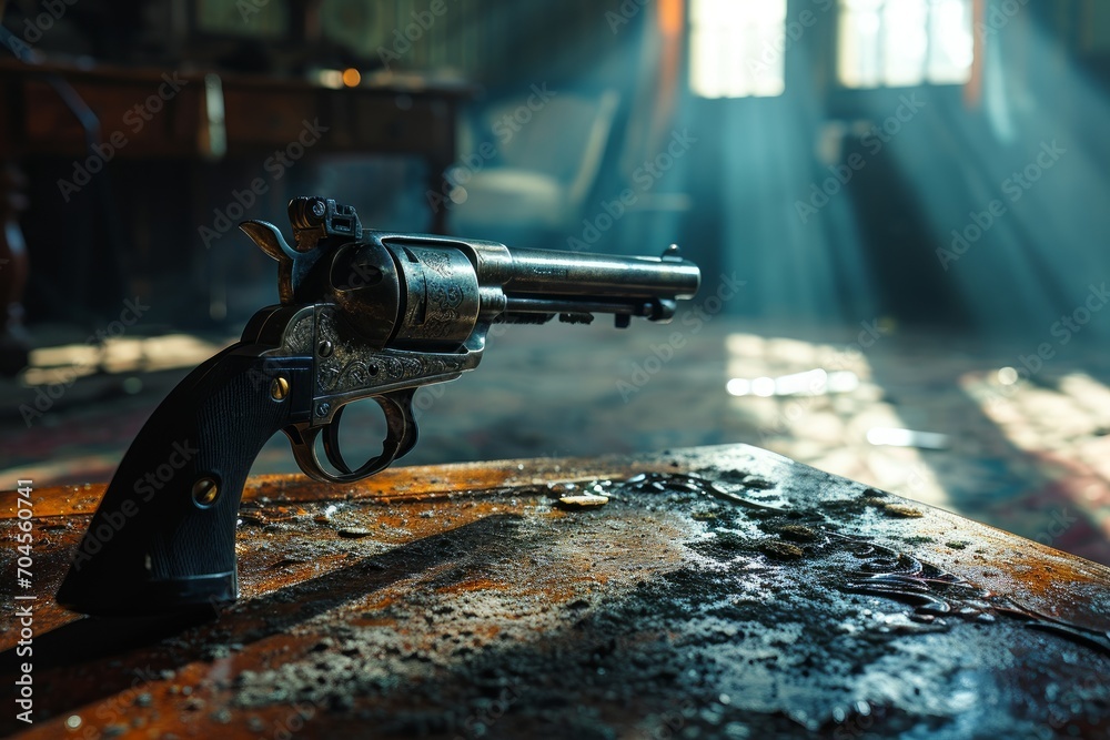 In an ancient saloon, a cowboy's colt revolver rests, evoking a time of ...
