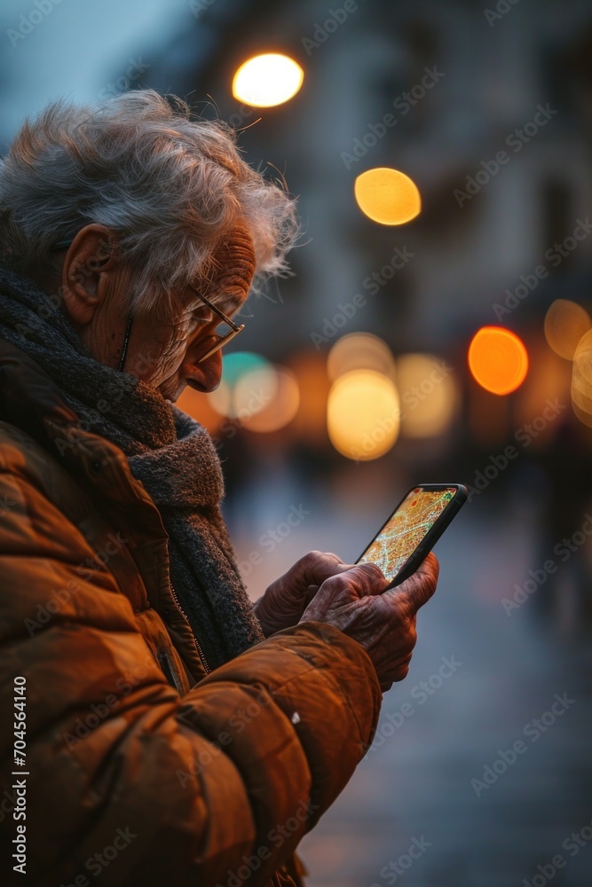 A photo of an elderly person using a smartphone to navigate with a map ...