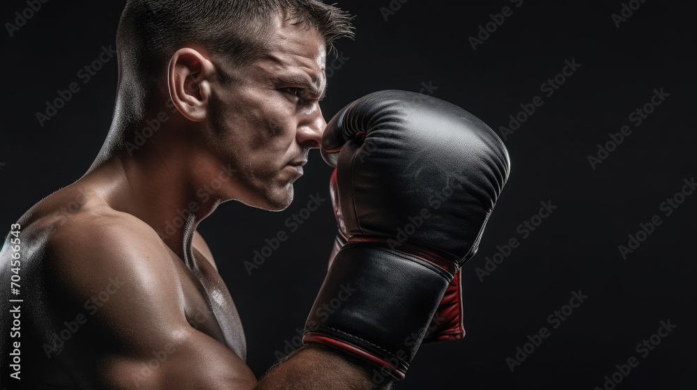 muscular handsome male boxer in boxing gloves on a black background ...