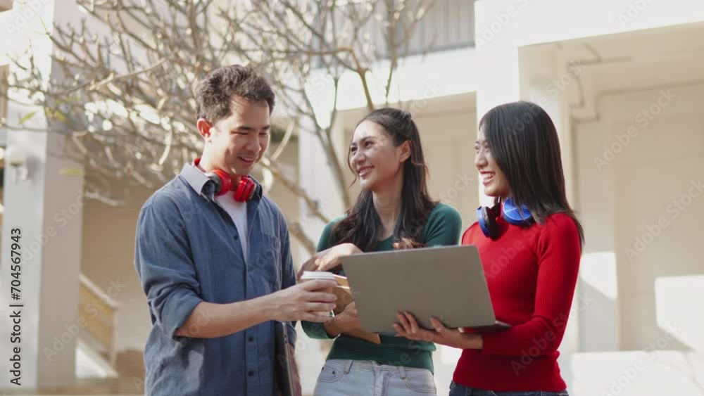 Classmate student friend standing on walkwayand talk about learning ...