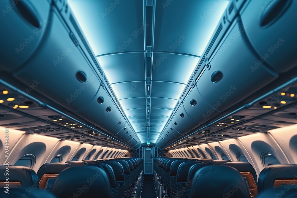 Photograph shows a pristine, empty aisle of an airplane, highlighting ...
