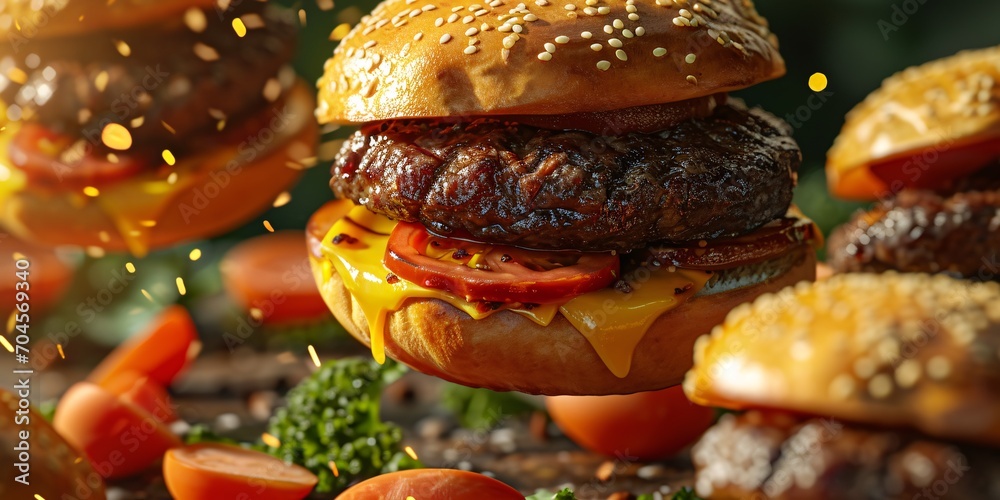 Realistic 3D burgers falling in the air with detailed angle view and ...