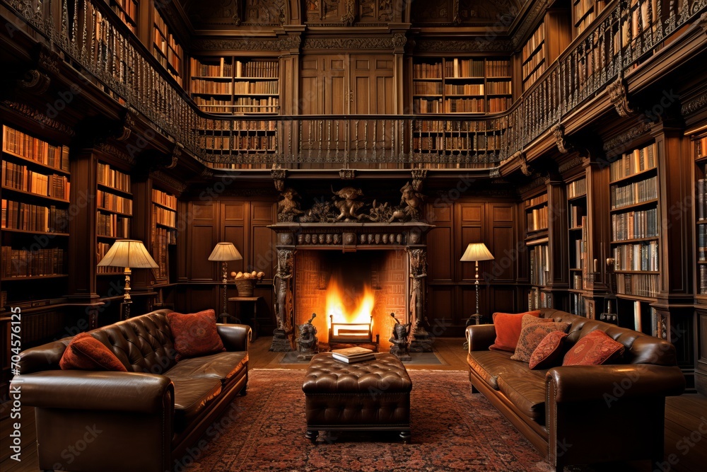 Cozy Ambiance of an Old English Library with Towering Bookshelves and a ...