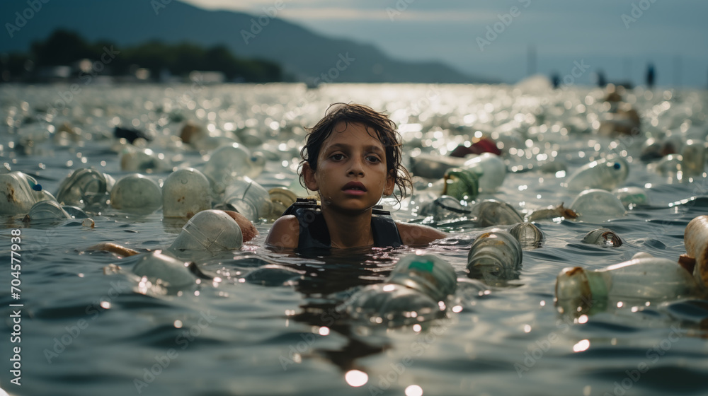 girl swimming in water with garbage. plastic in the ocean. the problem ...