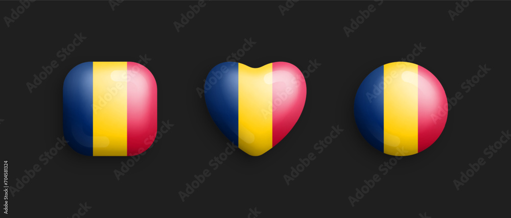 Chad Official National Flag 3D Vector Glossy Icons In Rounded Square ...