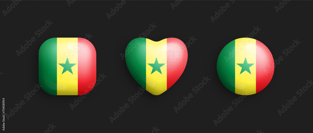 Senegal Official National Flag 3D Vector Glossy Icons In Rounded Square ...