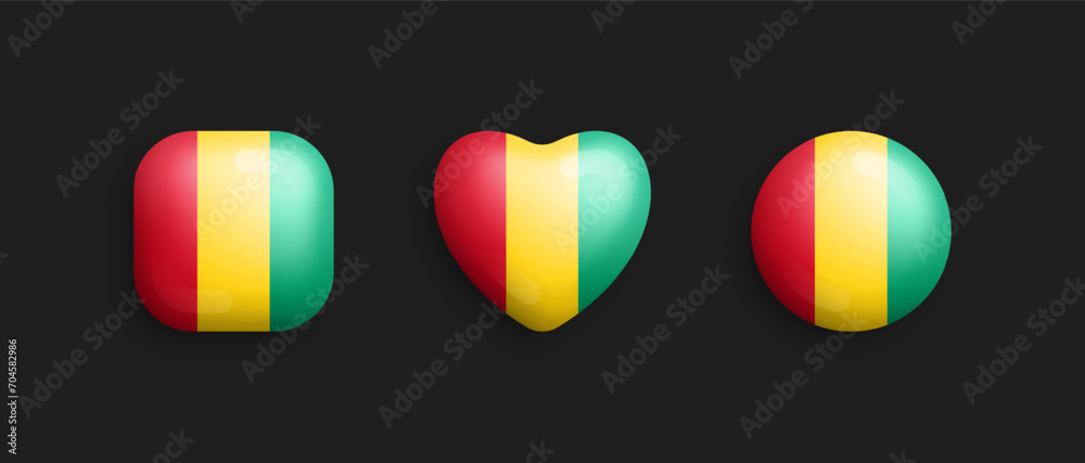 Guinea Official National Flag 3D Vector Glossy Icons In Rounded Square ...