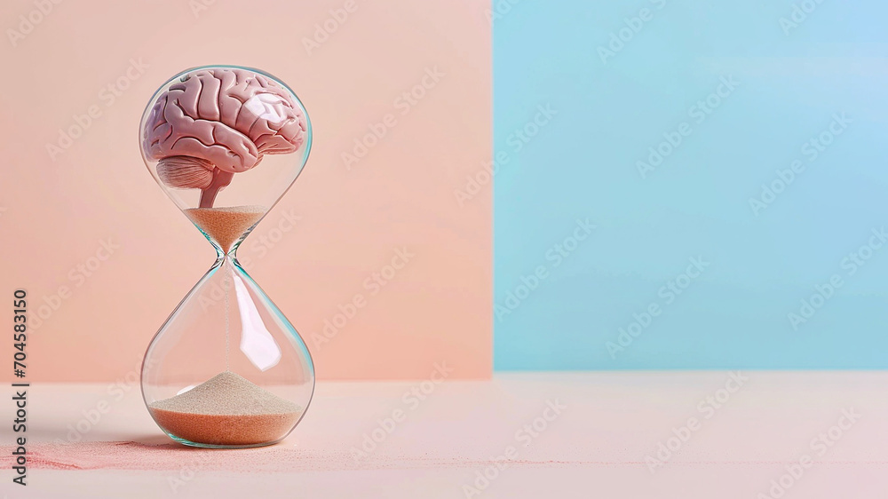 Human brain in hourglass, medical and psychology concept, brain aging ...