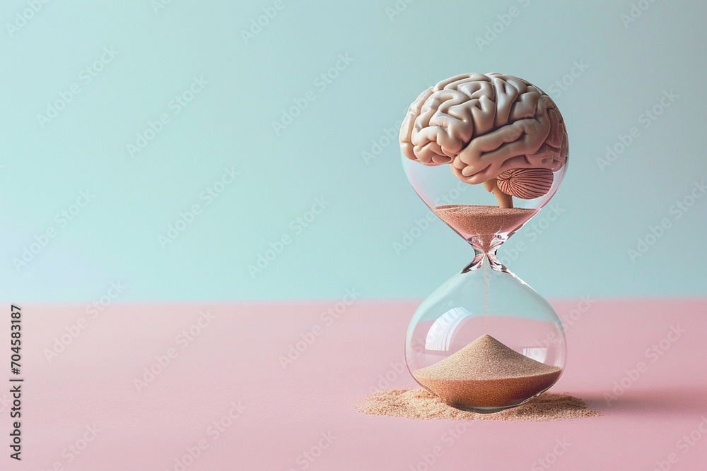 Human brain in hourglass, medical and psychology concept, brain aging ...