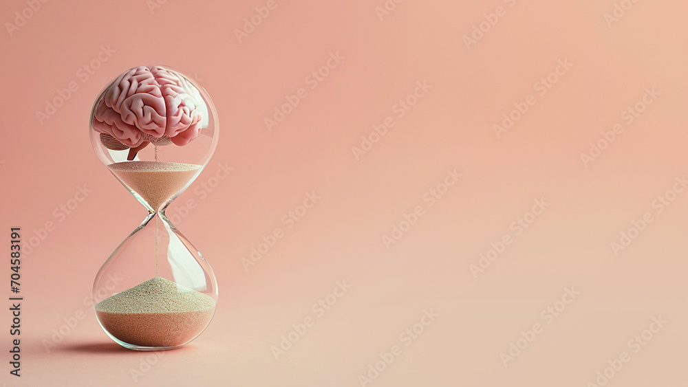 Human brain in hourglass, medical and psychology concept, brain aging ...