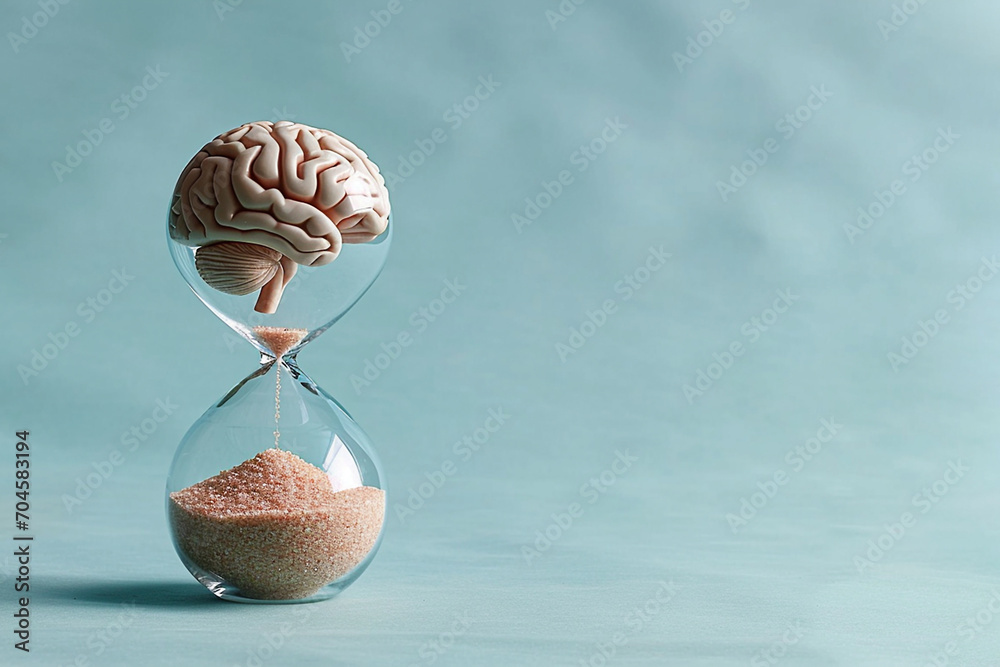 Human brain in hourglass, medical and psychology concept, brain aging ...