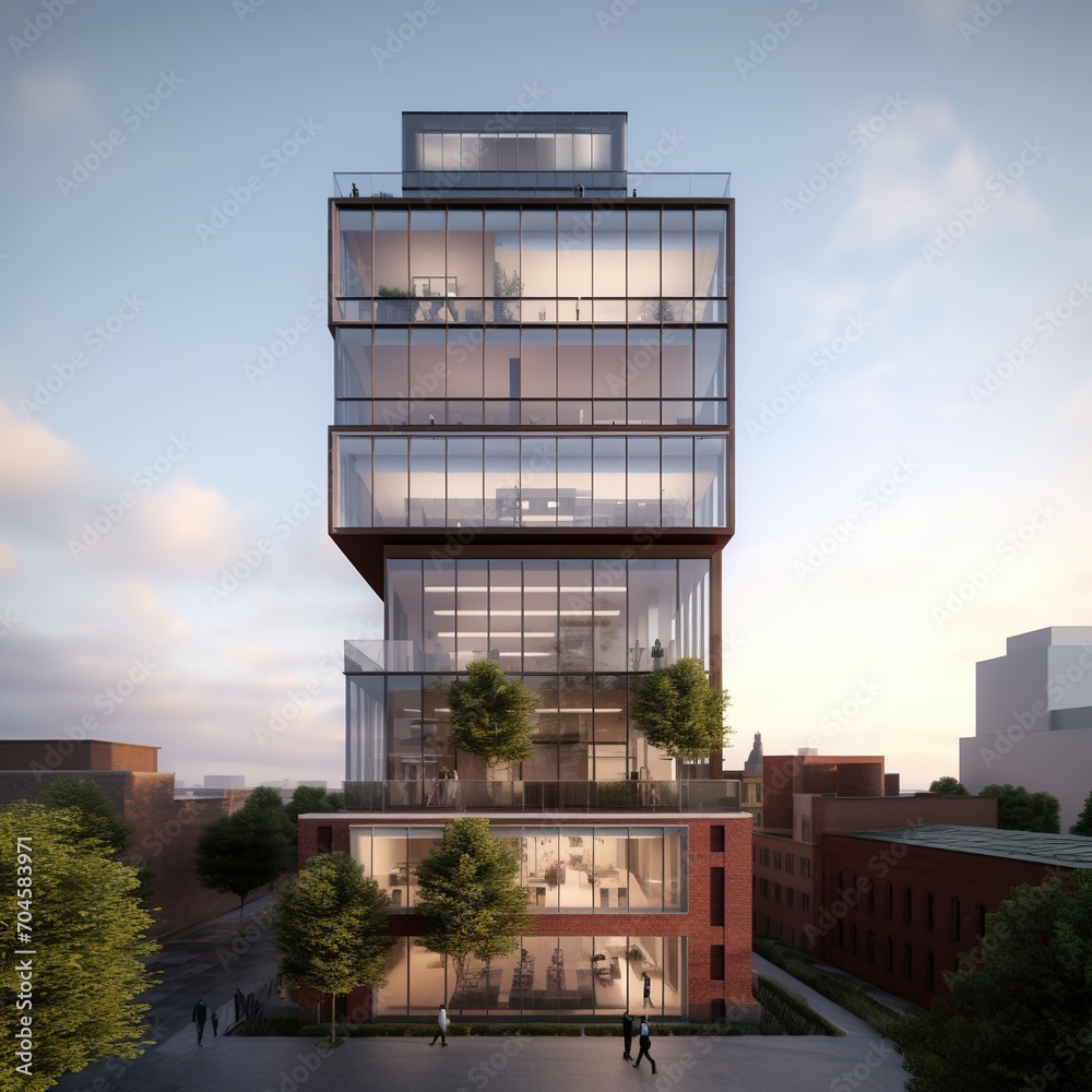 glass curtain wall office building with brick base and trees outside ...
