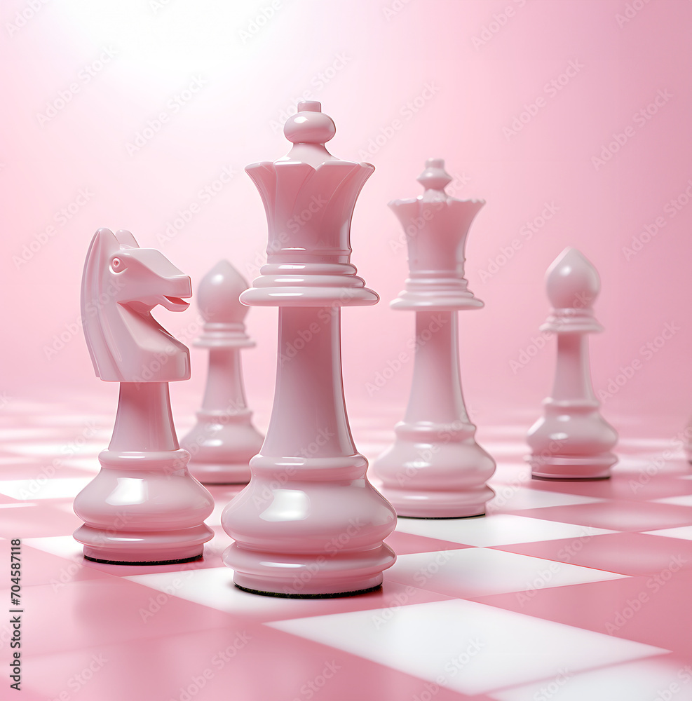 Pastel pink chess pieces, knight, king, queen, pawns on a shiny chess ...